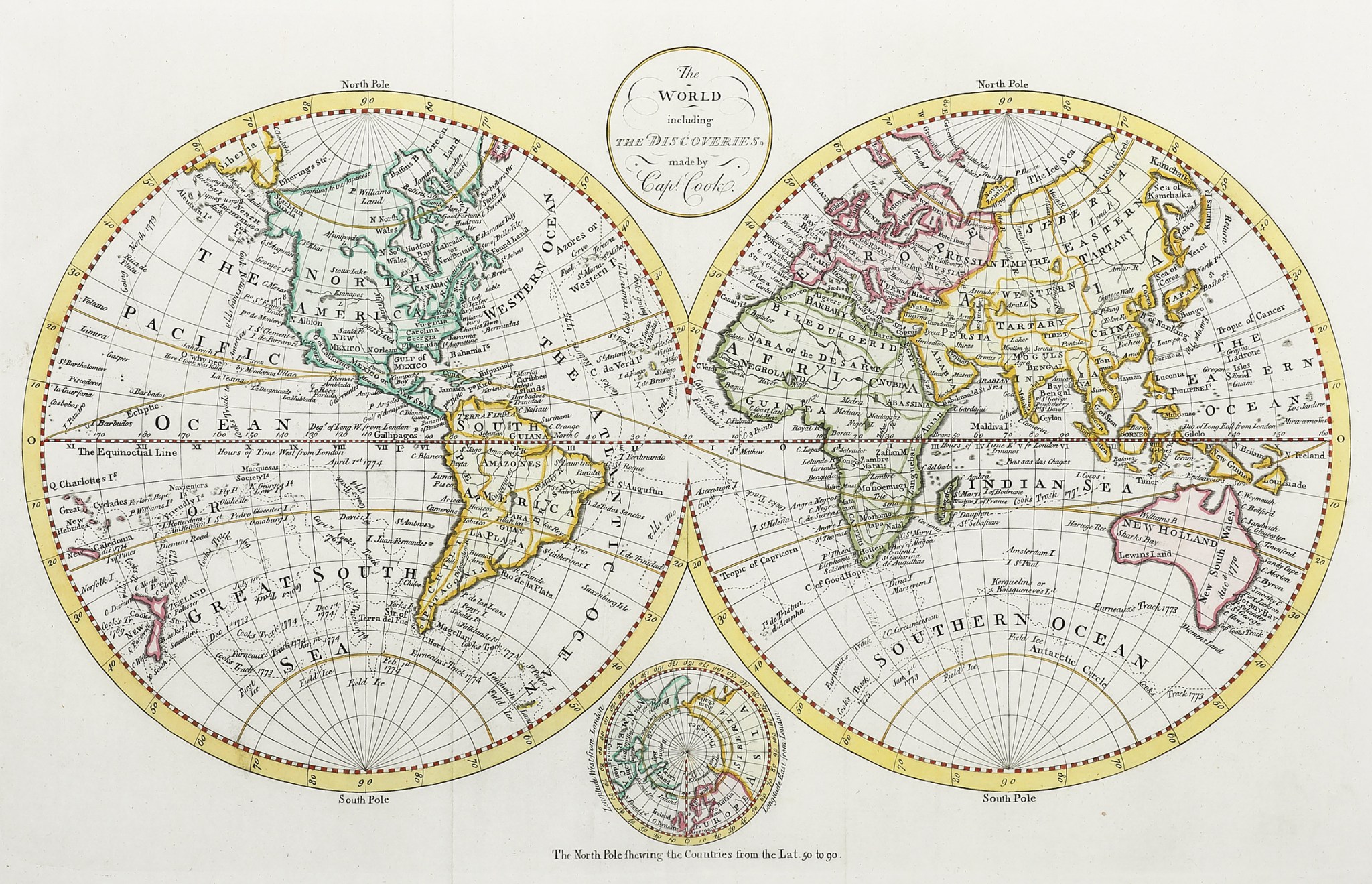 The World Including the Discoveries, made by Capt. Cook. - Antique Print Map Room