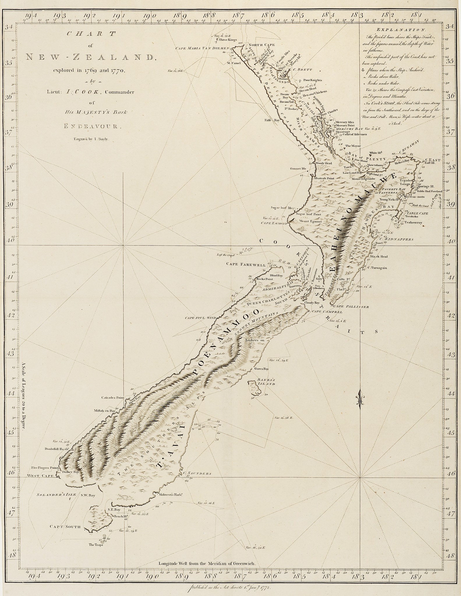 Chart of New Zealand Explored in 1769 and 1770 by Lieut. J. Cook ...