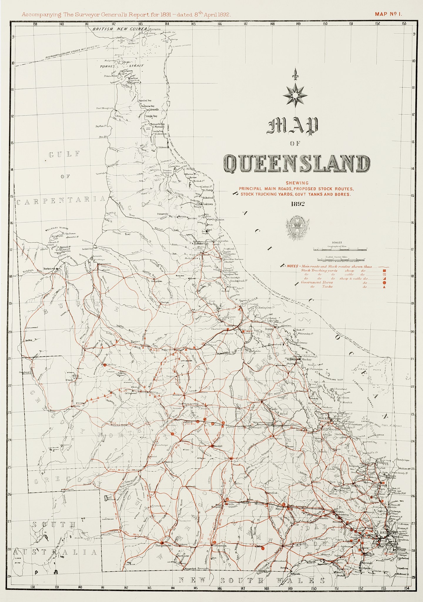 Map of Queensland Shewing Principal Main Roads, Proposed Stock Routes ...