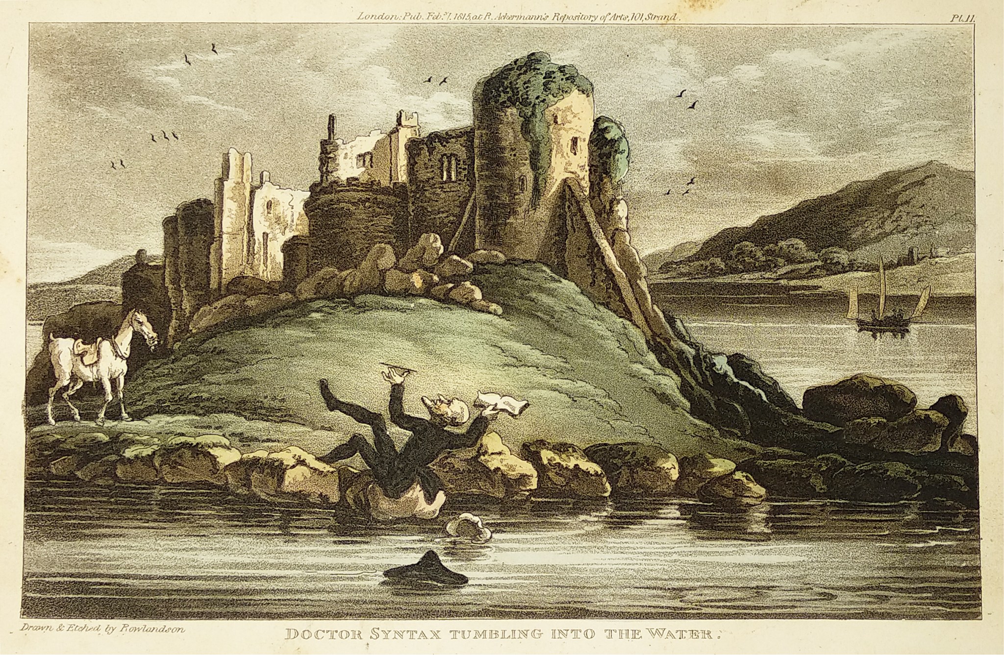 Doctor Syntax Tumbling into the water. - Antique Print Map Room