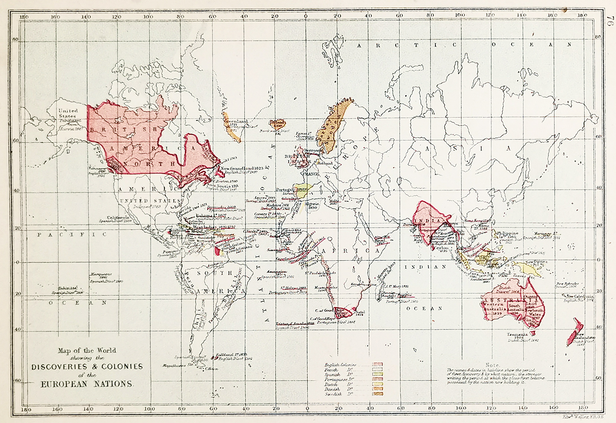 Map of the World Showing the Discoveries & Colonies of the European ...