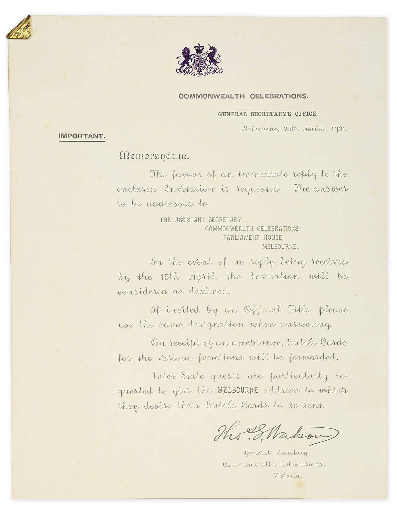 [Commonwealth Celebrations. Invitation.] - Antique Print Map Room