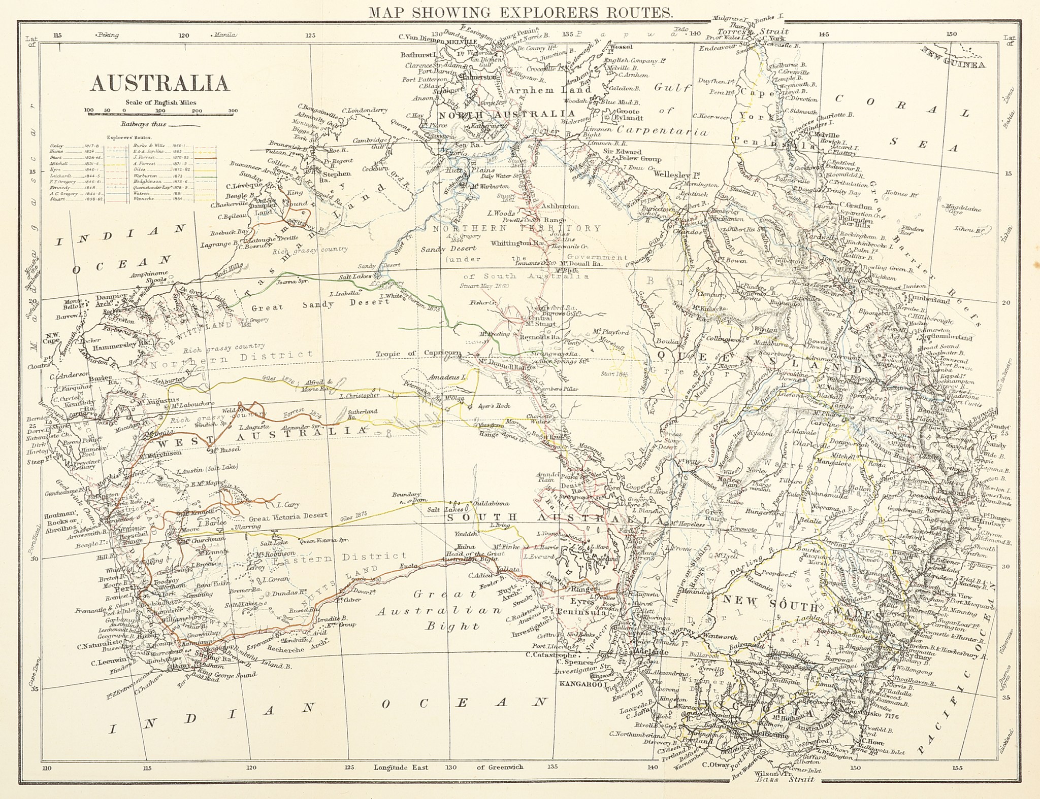 A Map of Australia Showing Explorer's Routes. Australia and Tasmania ...