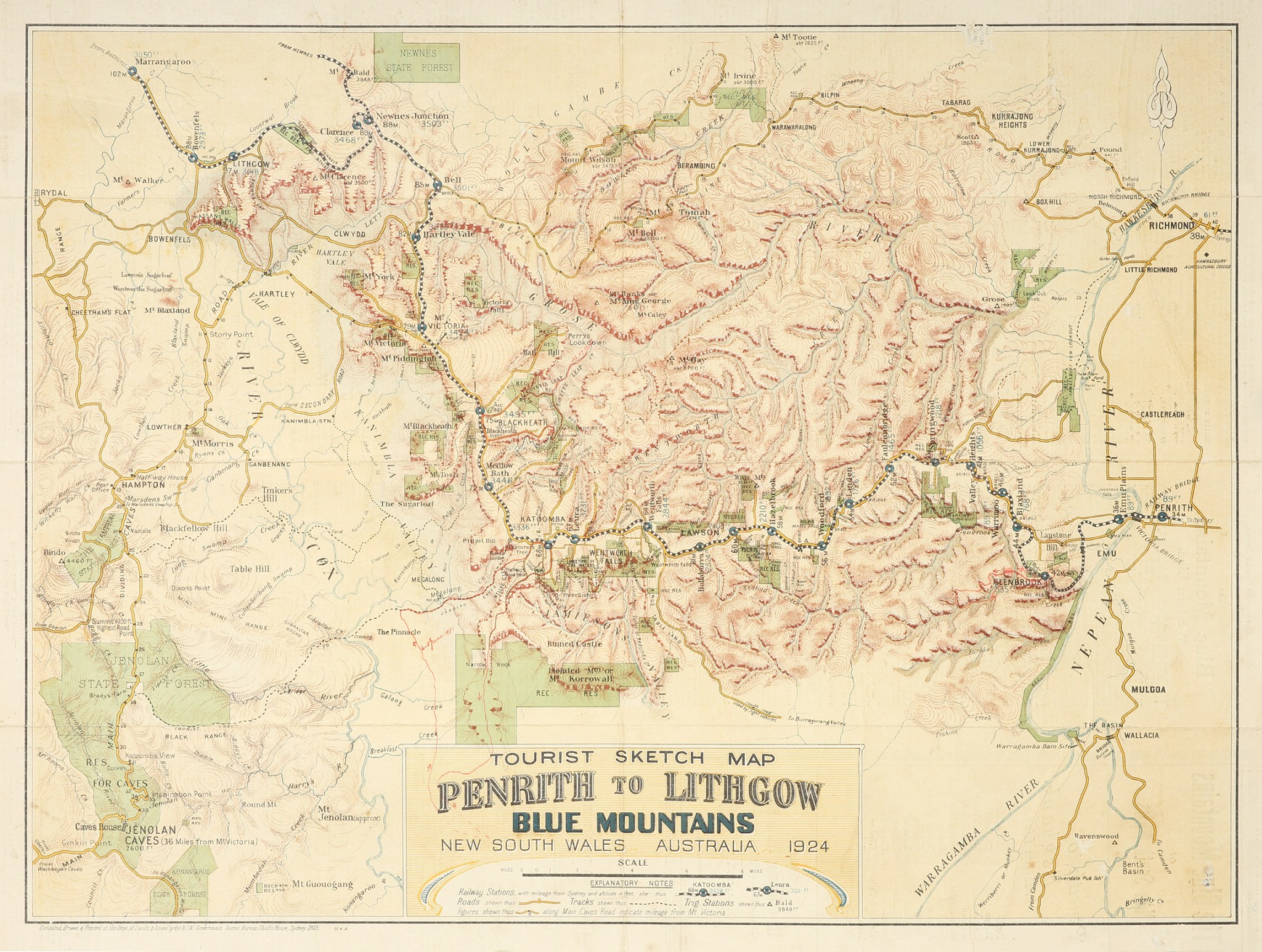 Tourist Sketch Map Penrith to Lithgow Blue Mountains New South Wales ...
