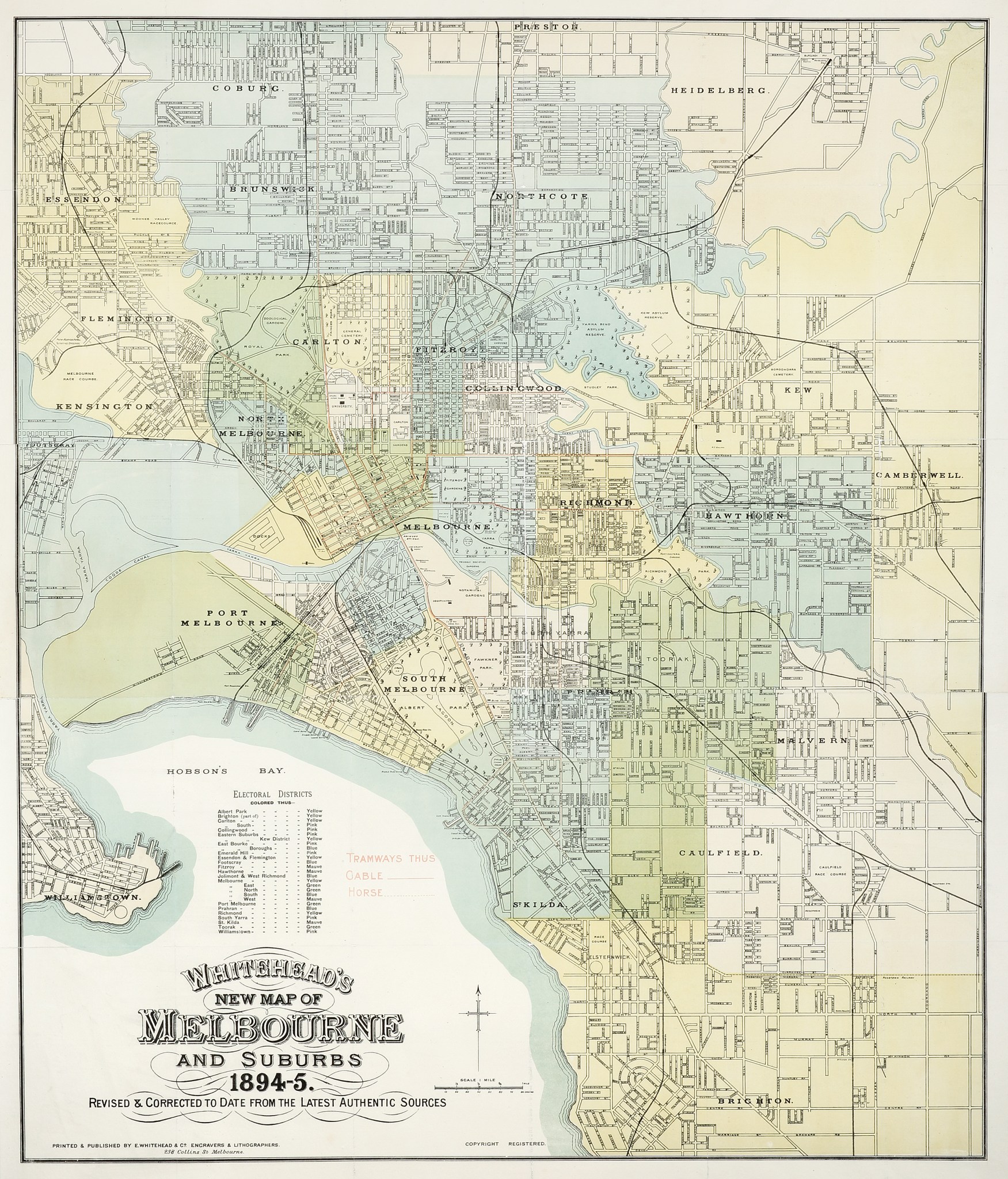 Whitehead's New Map of Melbourne and Suburbs 1894-5. | Antique Print ...