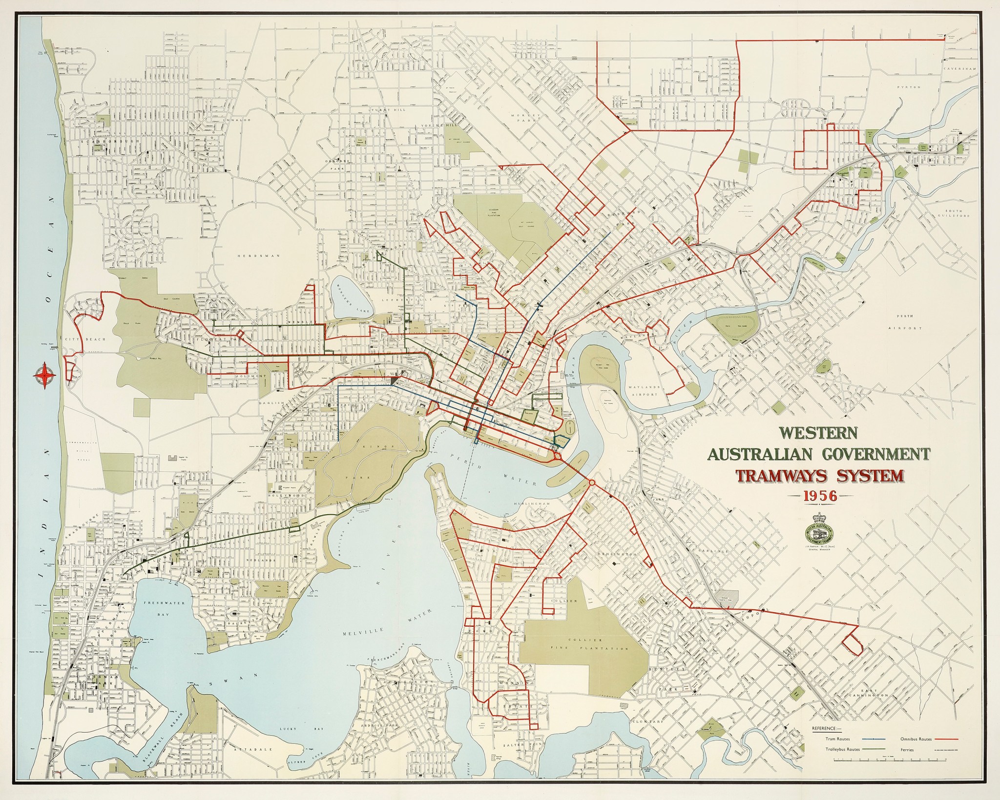 Western Australian Government Tramways System 1956 - Antique Print Map Room