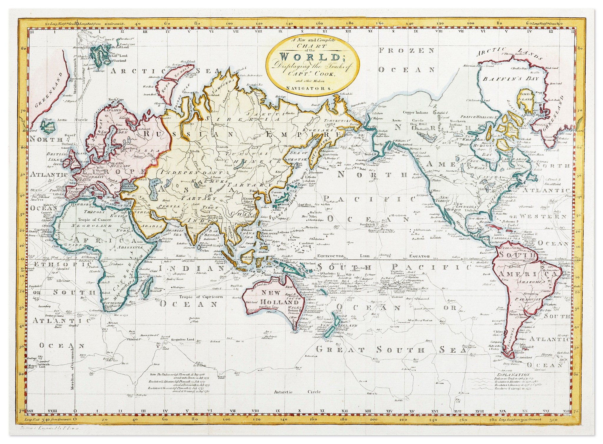 A New and Complete Chart of the World; Displaying the Tracks of Captn ...