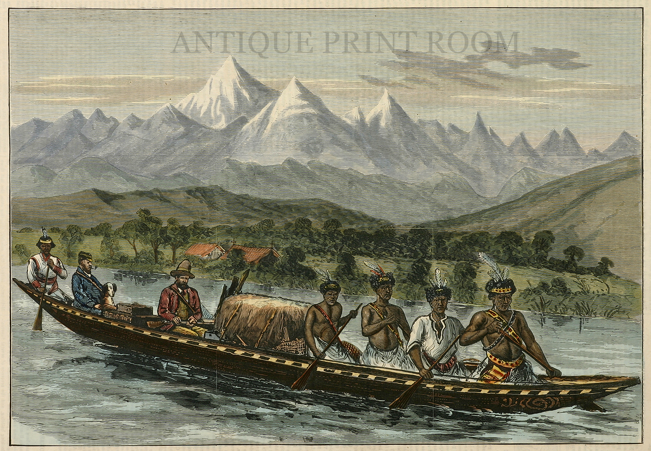 Survey Party Ascending the Patea River, New Zealand. - Antique Print ...
