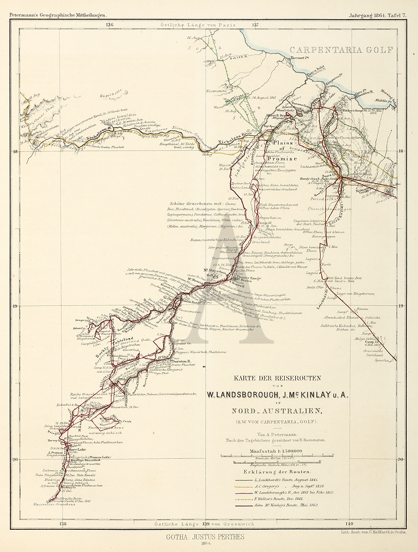 Karte der Reiserouten von W.Landsborough, J.McKinlay u.A. in Nord ...