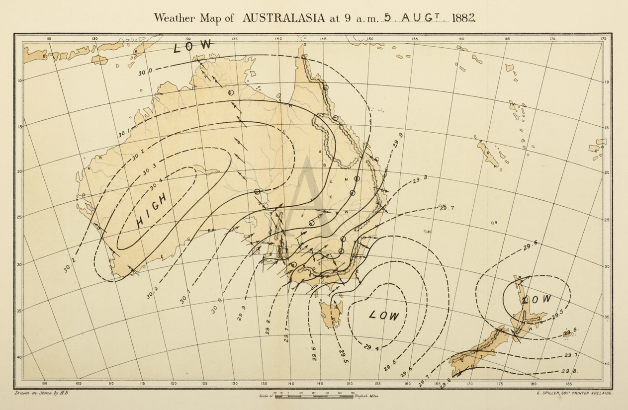 Weather Map of Australasia at 9 a.m. 5 Aug 1882.. - Antique Print Map Room