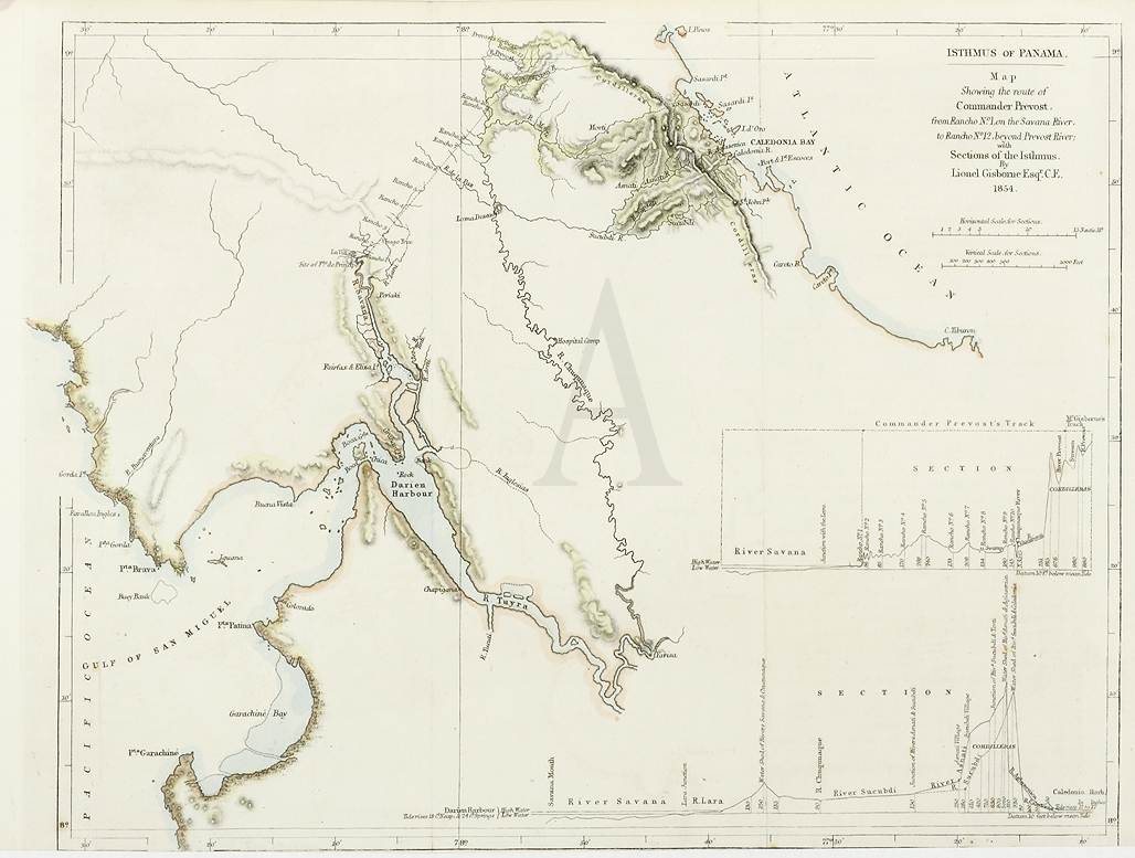 Isthmus of Panama - Map showing the route of Commander Prevost ...