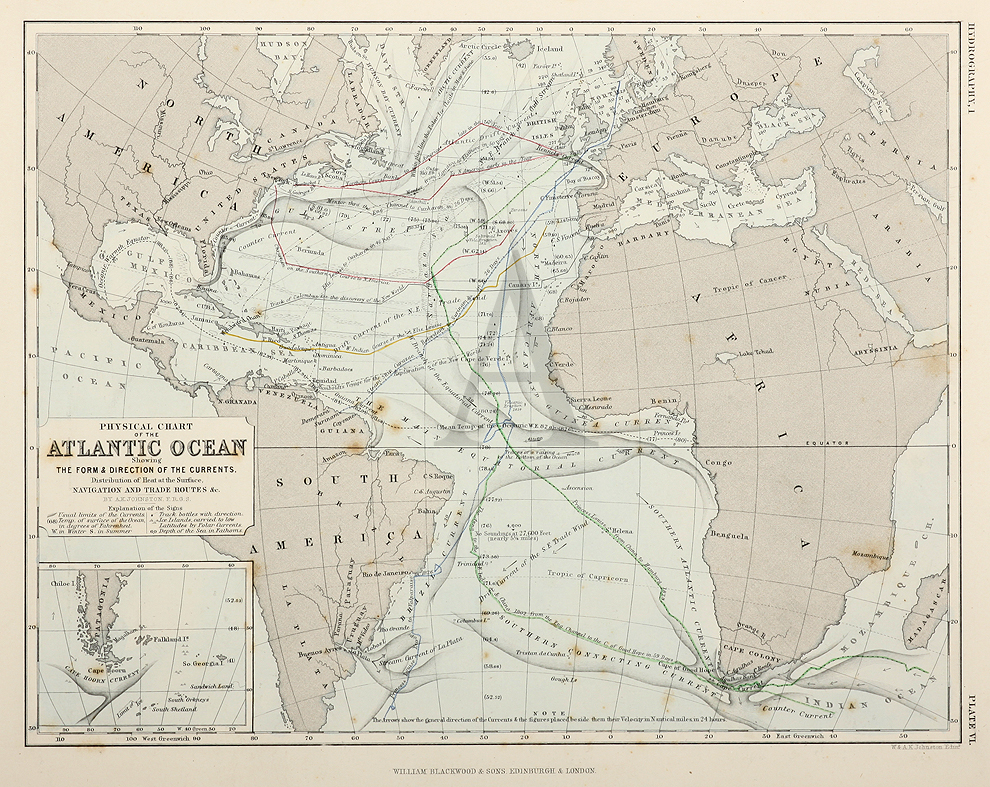 Physical Chart of the Atlantic Ocean showing the form and direction of ...
