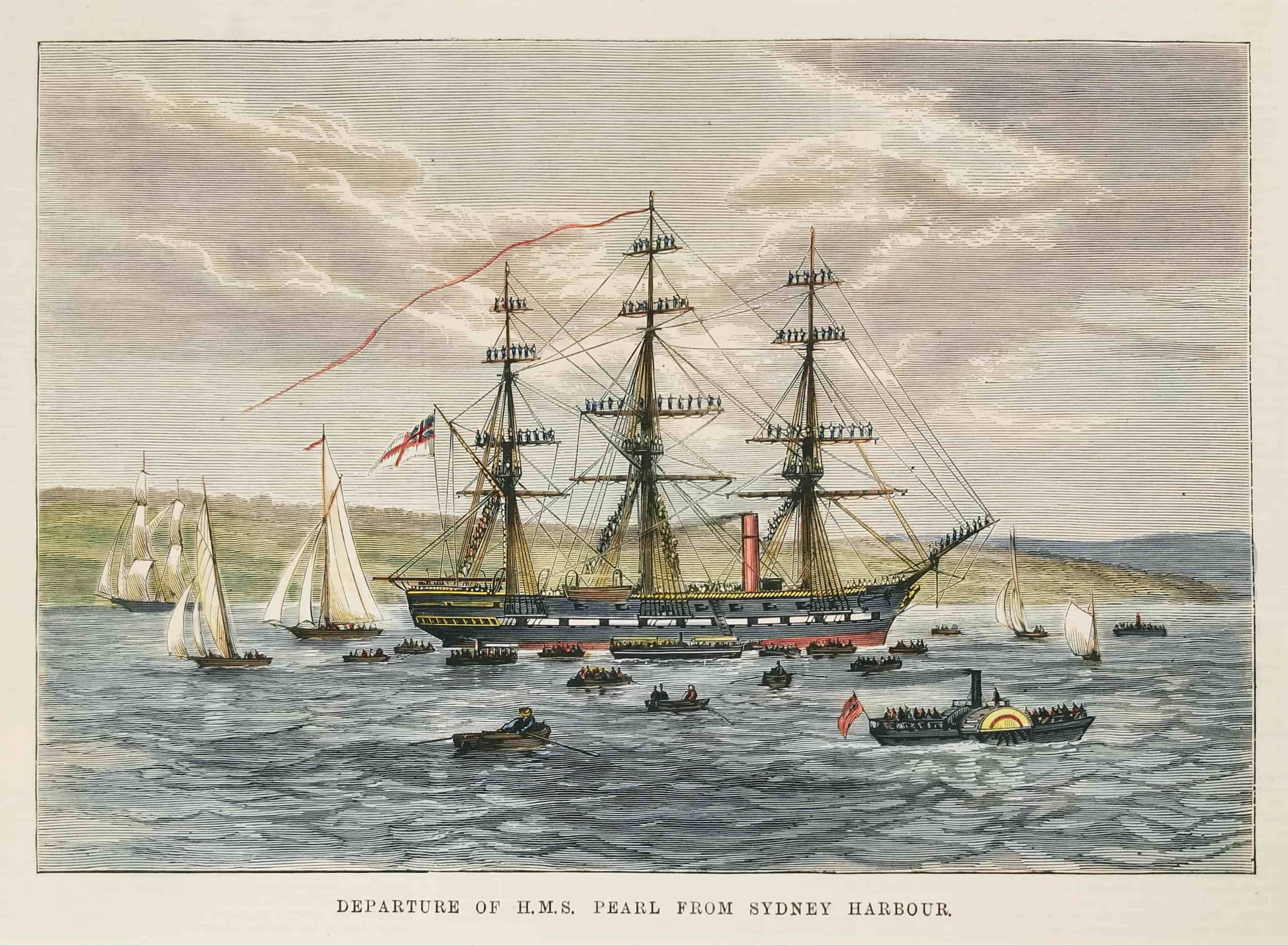 Departure of H.M.S. Pearl from Sydney for England. - Antique Print Map Room