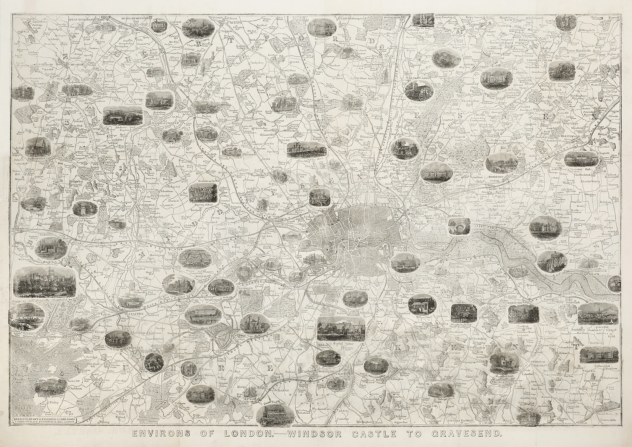 Environs of London.-Windsor Castle to Gravesend. - Antique Print Map Room