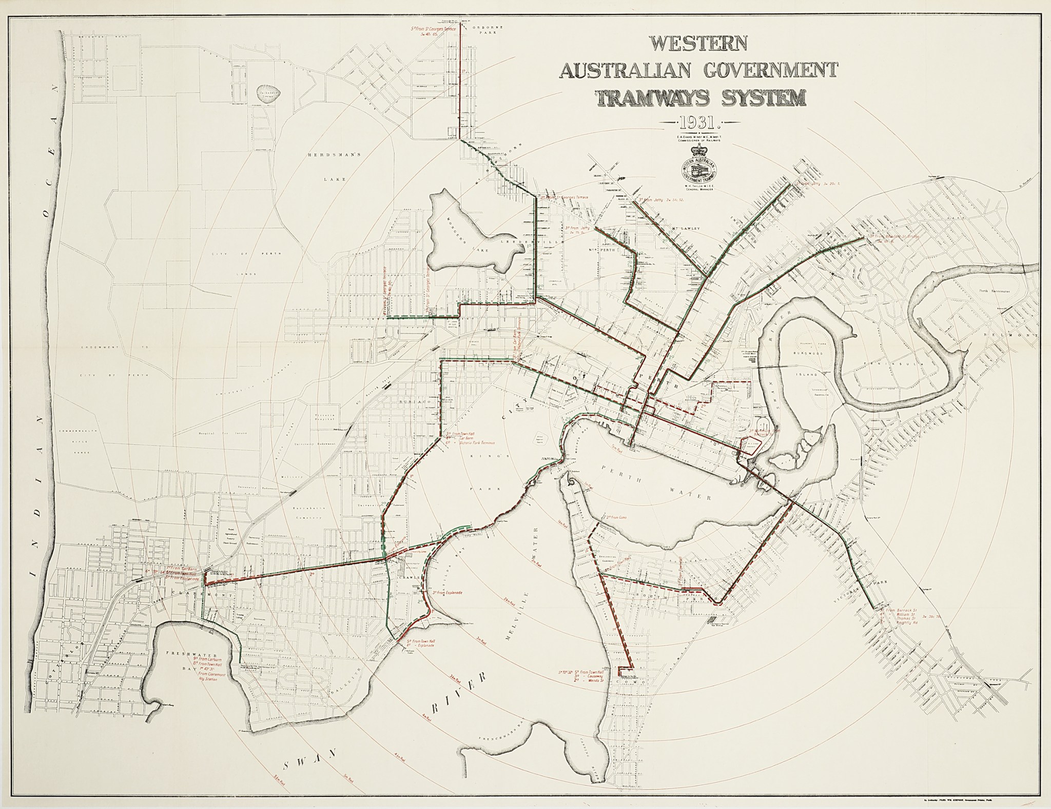 Western Australian Government Tramways System 1931 | Antique Print Map Room