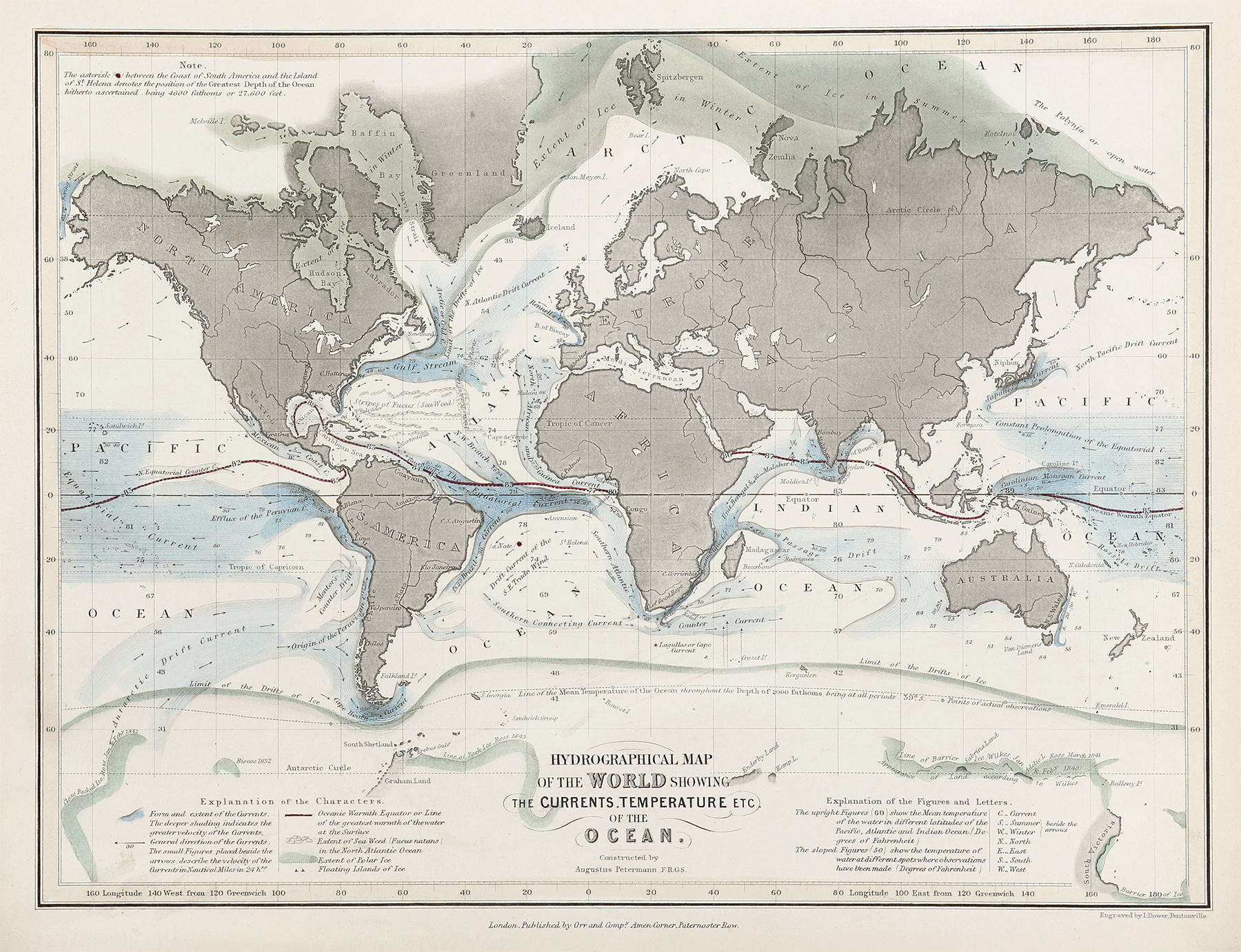 Hydrographical Map of the World Showing the Currents, Temperature etc ...