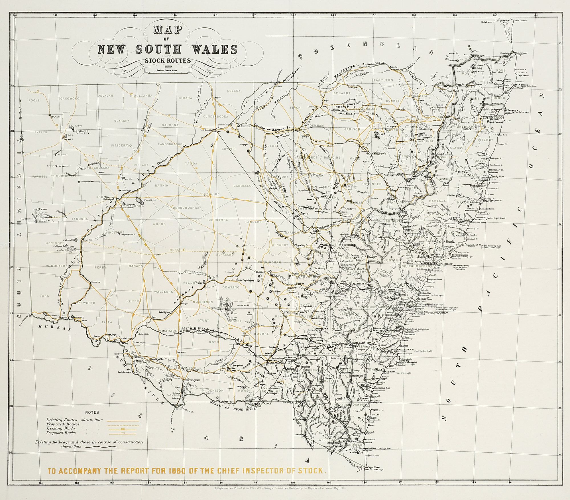 Map of New South Wales Shewing Stock Routes 1880 - Antique Print Map Room
