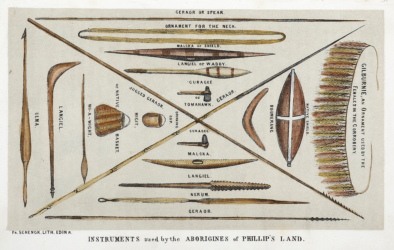 Instruments used by the Aborigines of Phillip's Land. - Antique Print ...