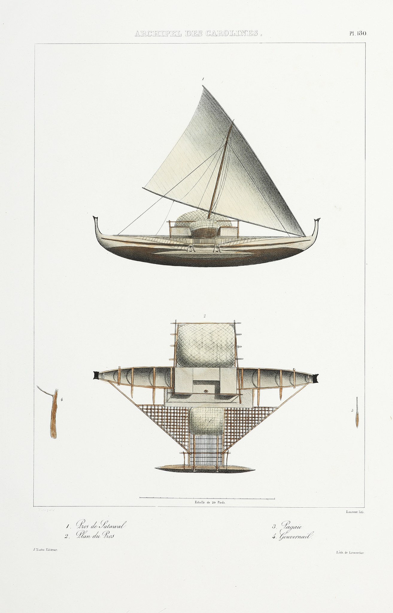 Archipel des Carolines. 1. Pros de Satawal 2. Plan du Pros 3. Pagaie 4 ...