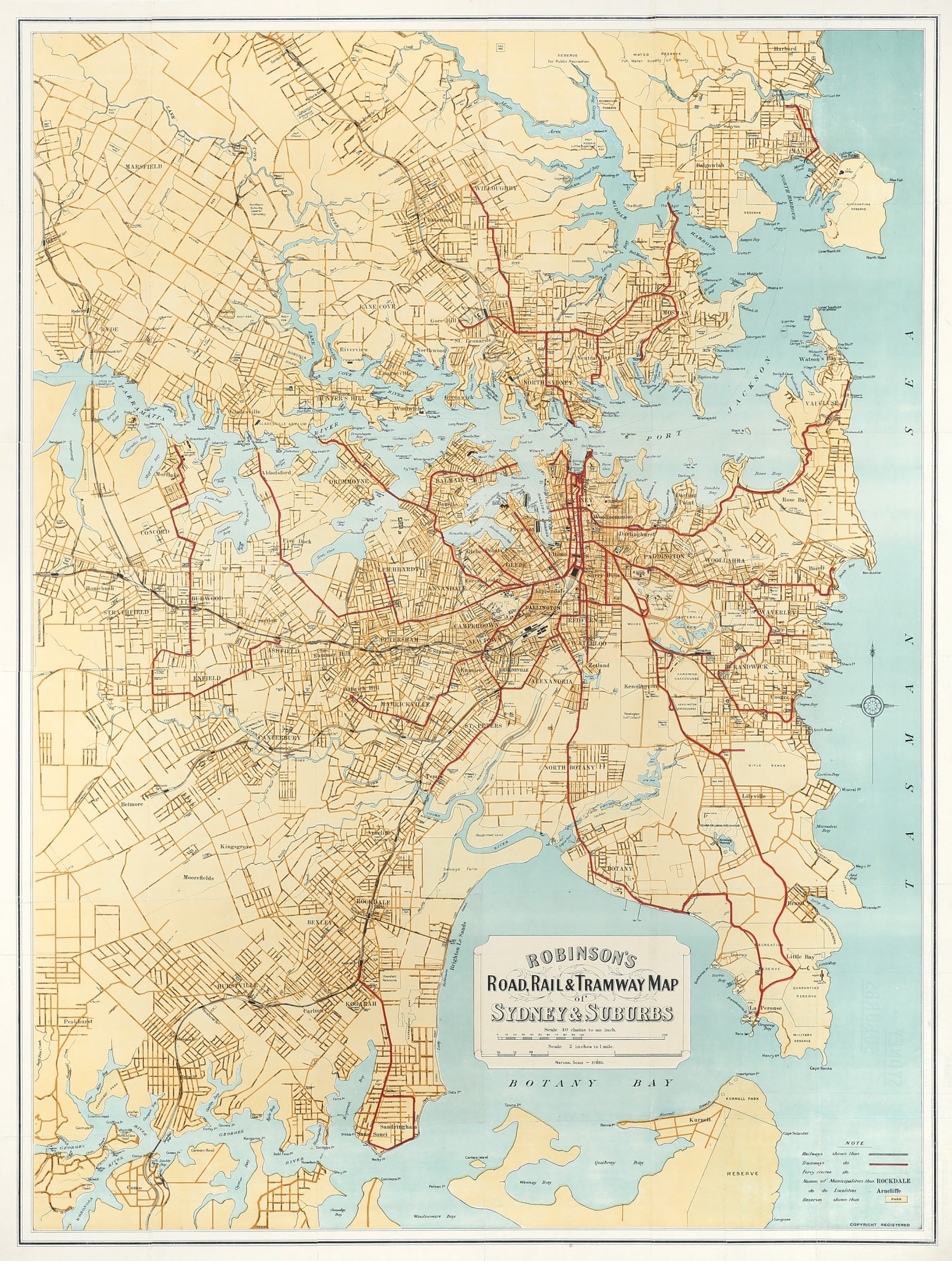 Robinson's Road, Rail & Tramway Map of Sydney & Suburbs. - Antique ...