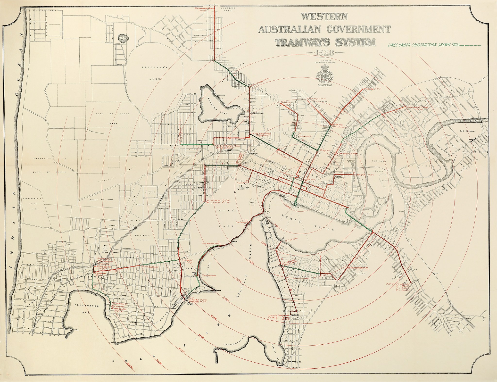 Western Australian Government Tramways System 1928 - Antique Print Map Room