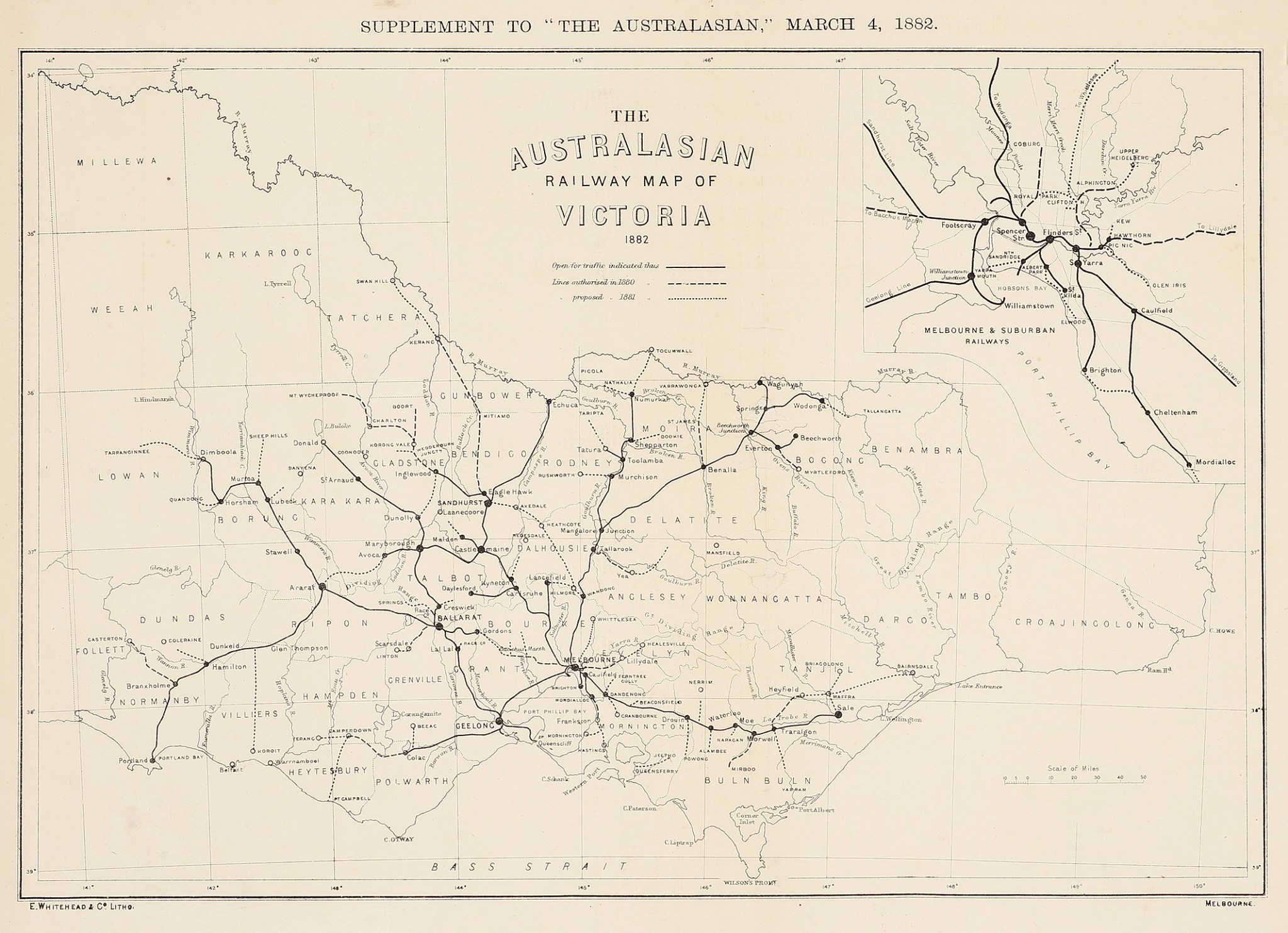 The Australasian Railway Map of Victoria 1882 - Antique Print Map Room